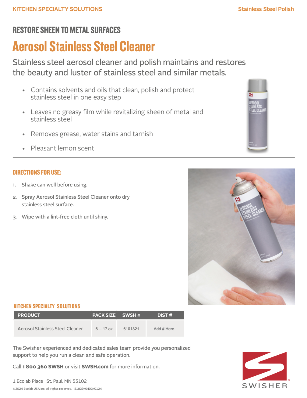 Swisher Aerosol Stainless Steel Cleaner Sell Sheet
