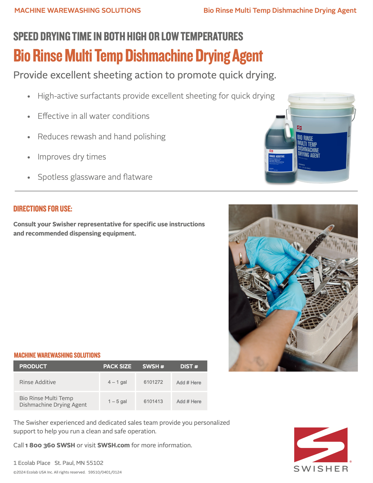 Swisher Bio Rinse Multi Temp Dishmachine Detergent Drying Agent Sell Sheet