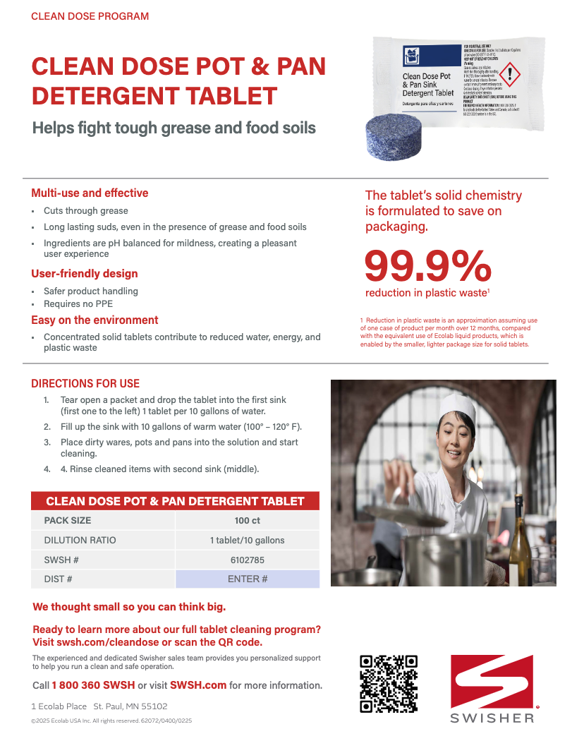 Swisher Clean Dose Pot & Pan Sink Detergent Tablet Sell Sheet
